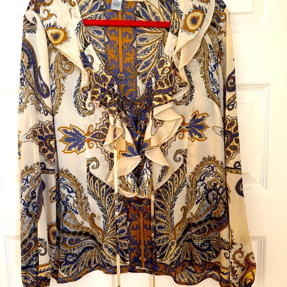 Cache | Tops | Cache Xl Silky Paisley Ruffled Top Feminine Chic | Poshmark